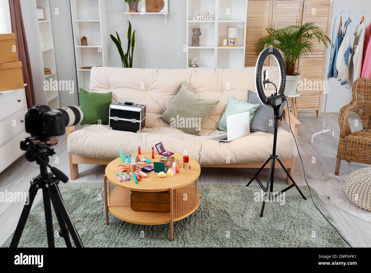 Interior of beauty blogger's living room with makeup products and ...