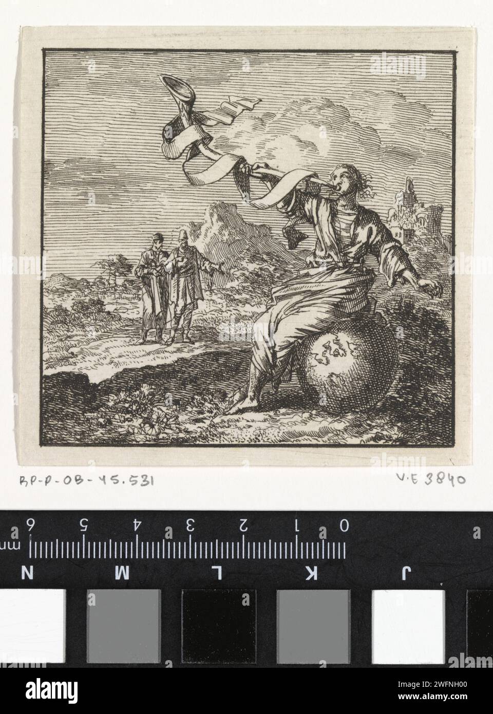 Woman blows from the globe on a trumpet, Jan Luyken, 1710 print ...