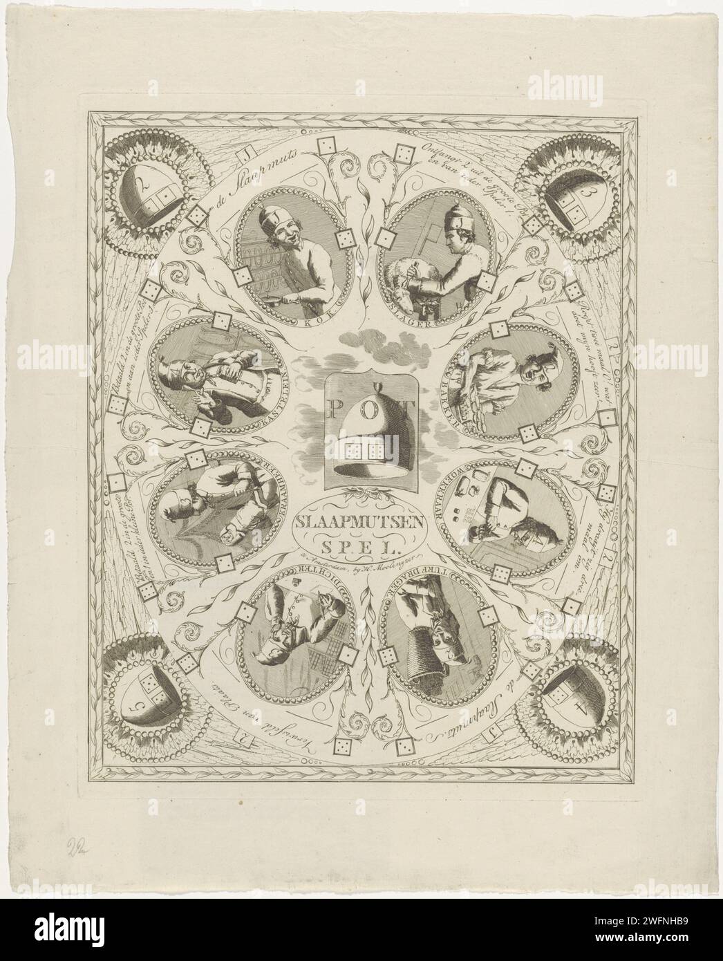 Sleeping hats / game, 1792 - 1847 print. gameboard Oval board game with ...