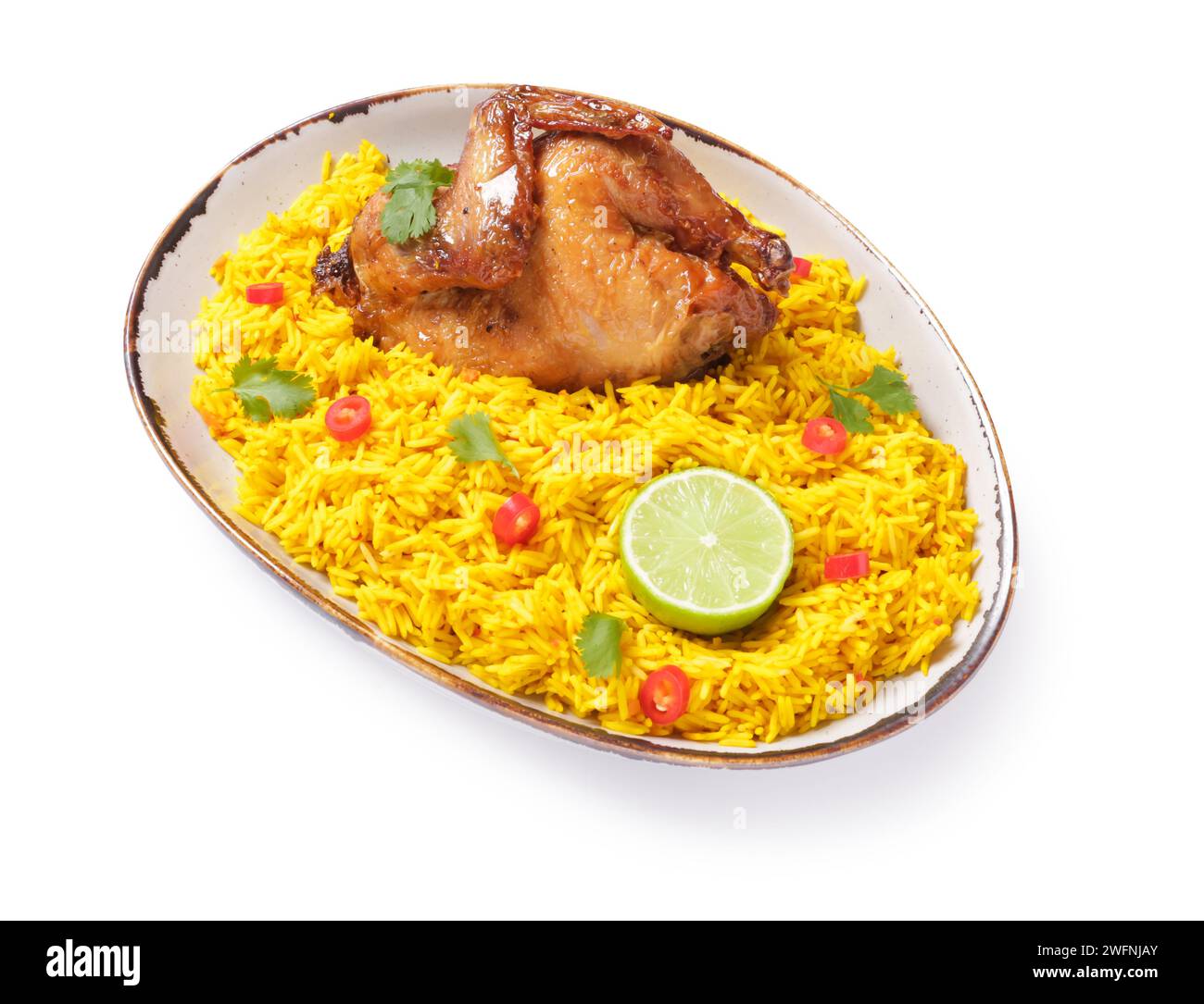 Plate of traditional chicken biryani on white background Stock Photo ...
