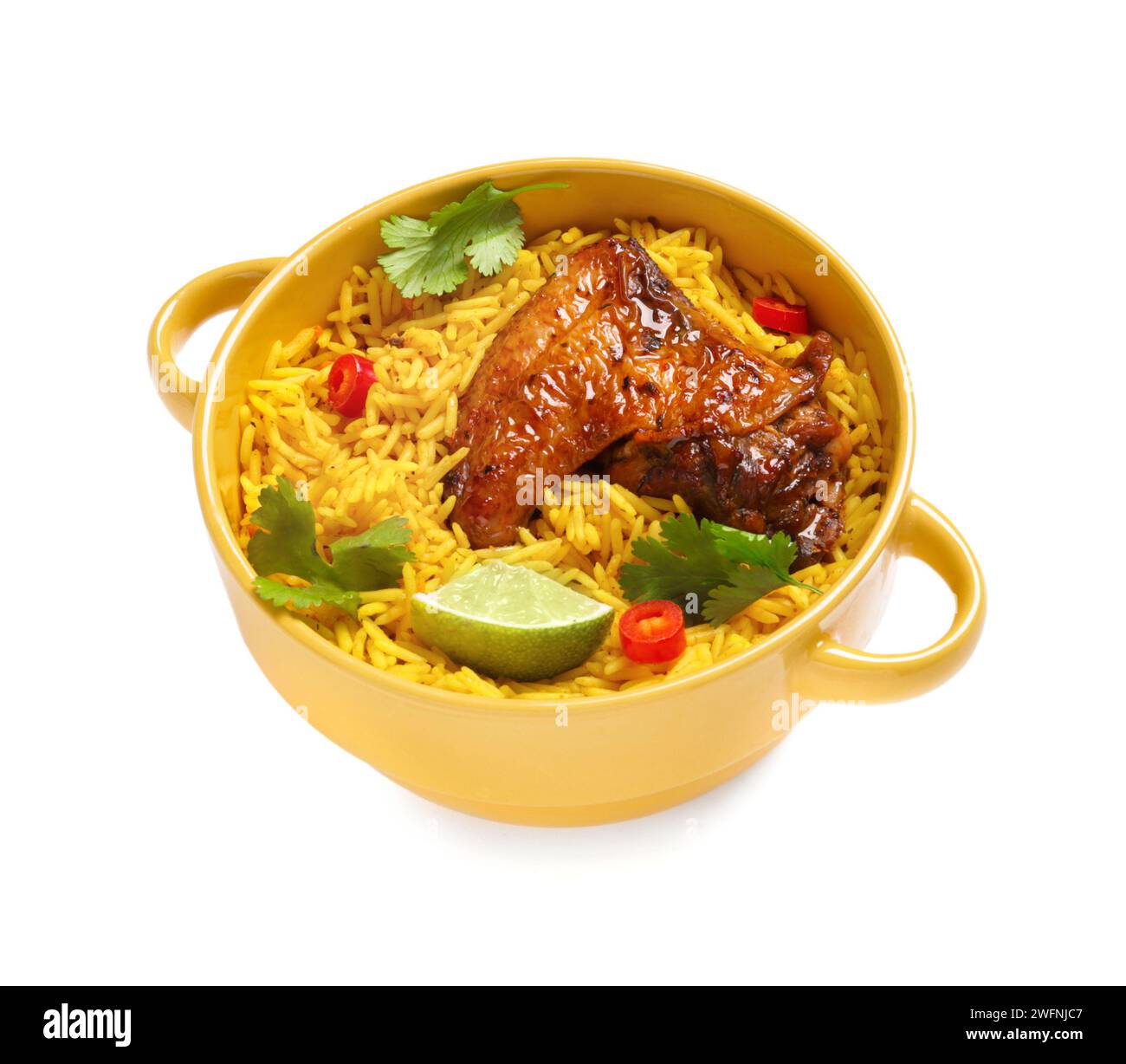 Bowl of traditional chicken biryani on white background Stock Photo - Alamy