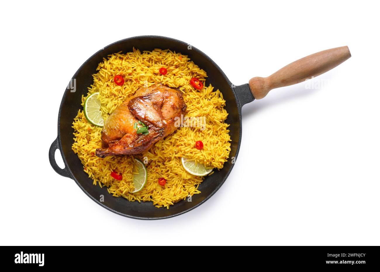 Frying pan of traditional chicken biryani isolated on white background ...
