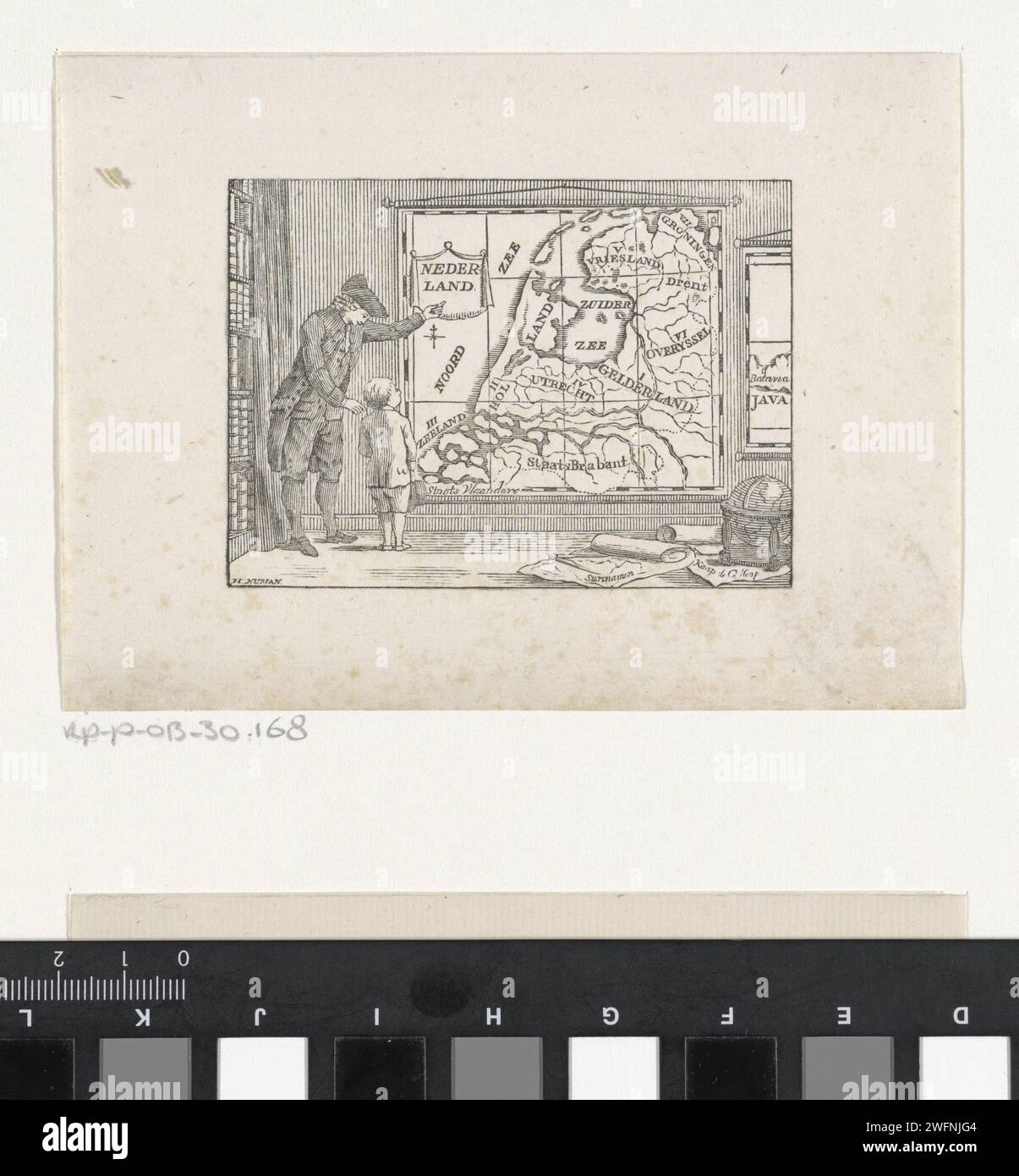 Man teaches a boy about the topography of the Netherlands on a wall map ...