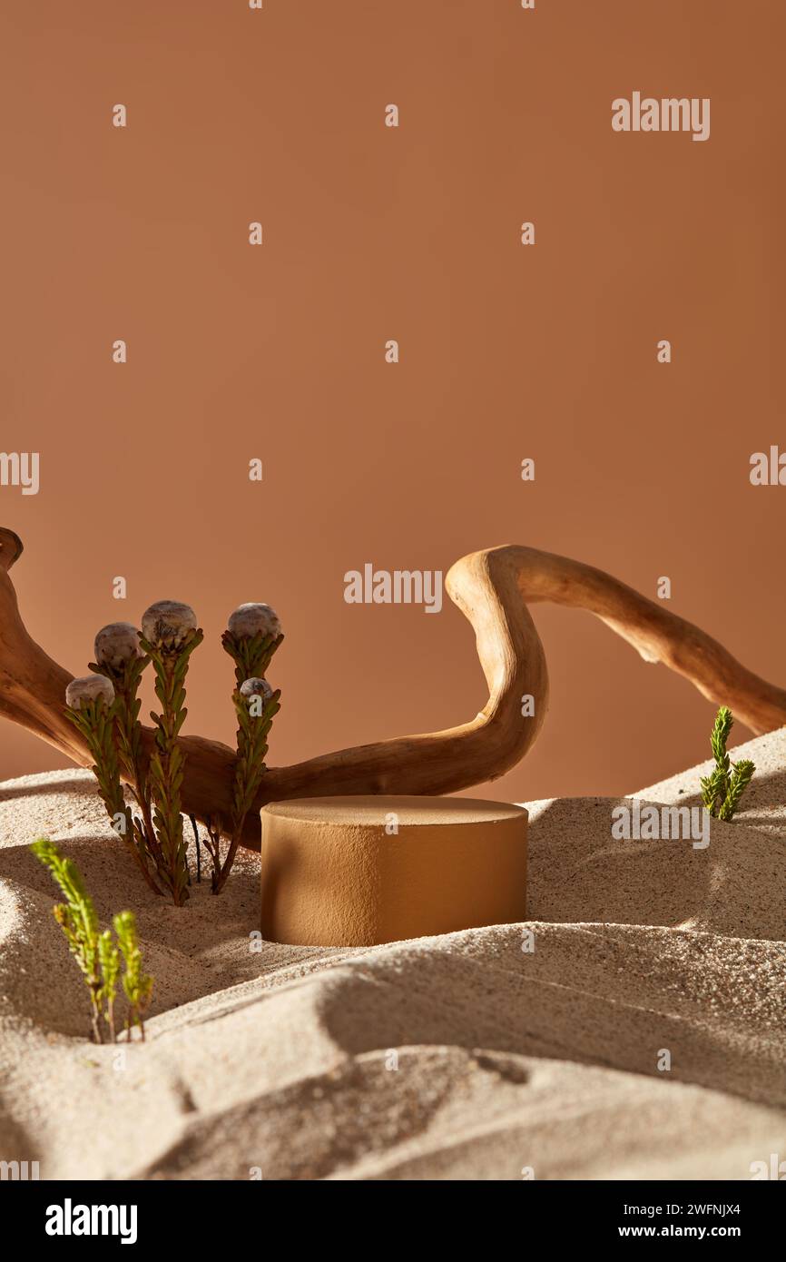 A beige podium in cylinder shape arranged with green trees and a big ...