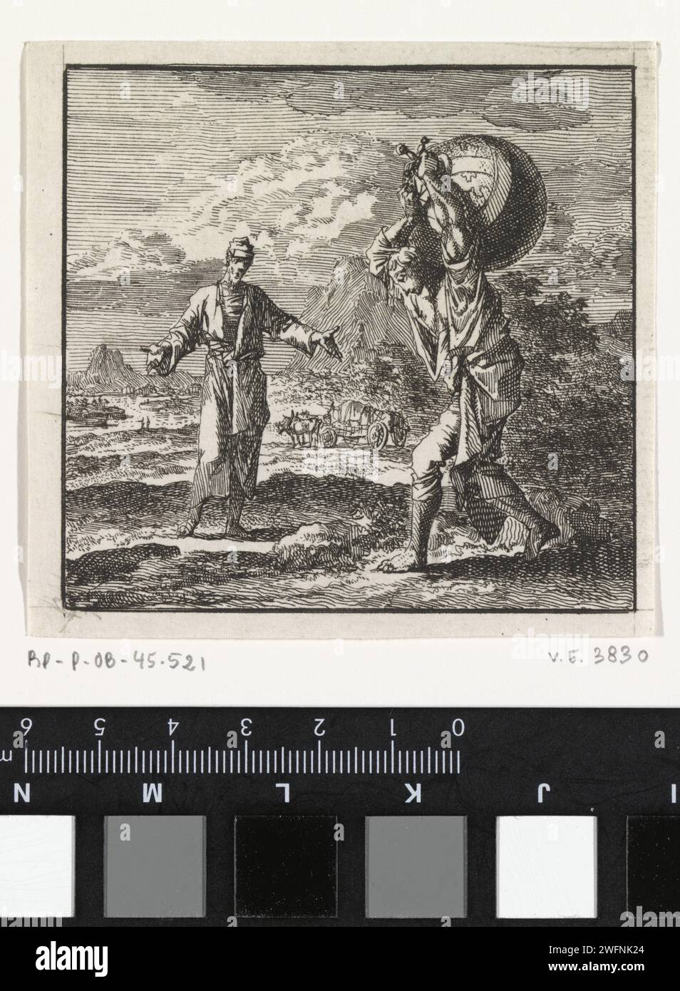 Man wears the world on his back, Jan Luyken, 1710 print Amsterdam paper ...