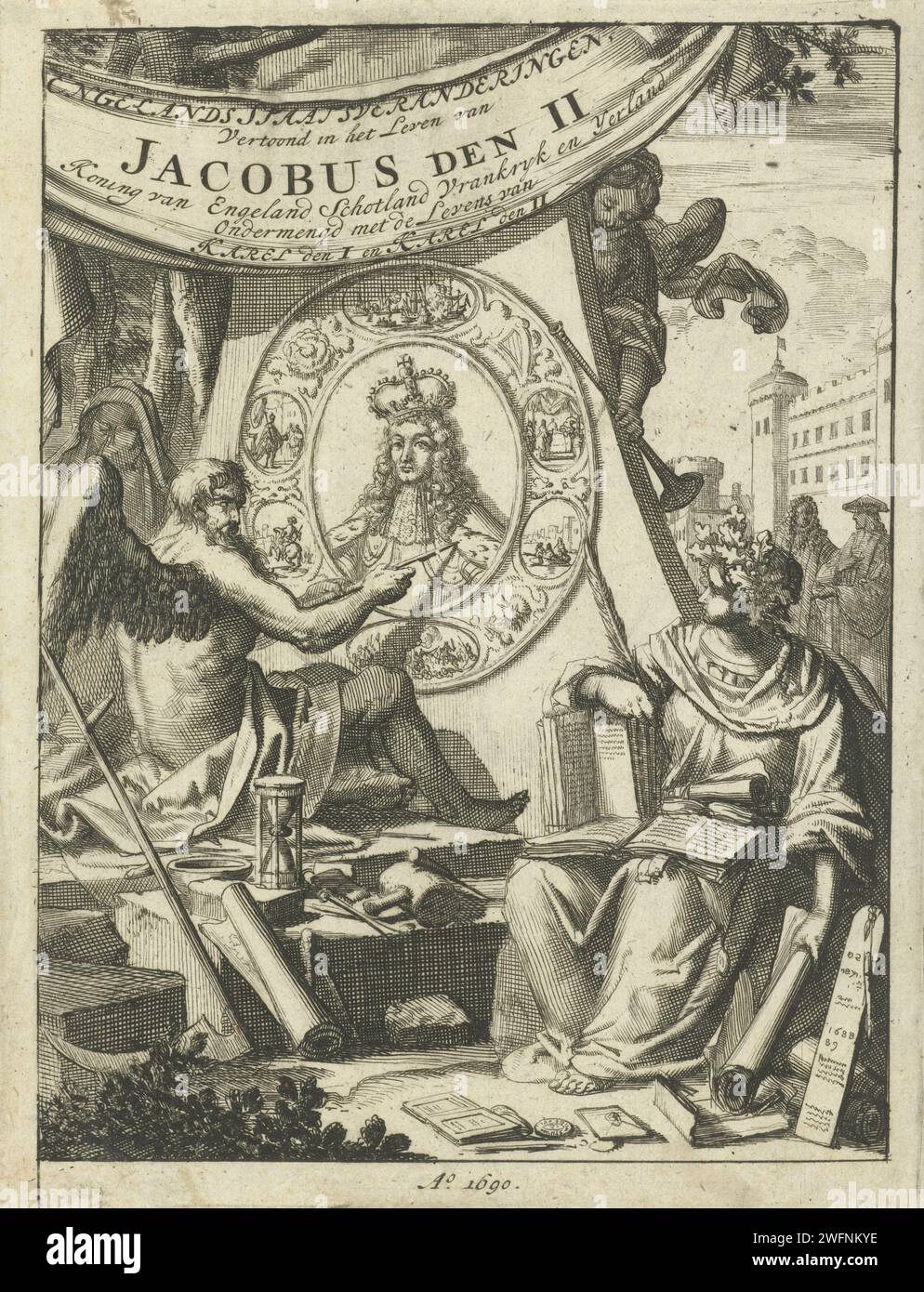 Portrait of King Jacobus II, studied by father Time and History, Jan ...