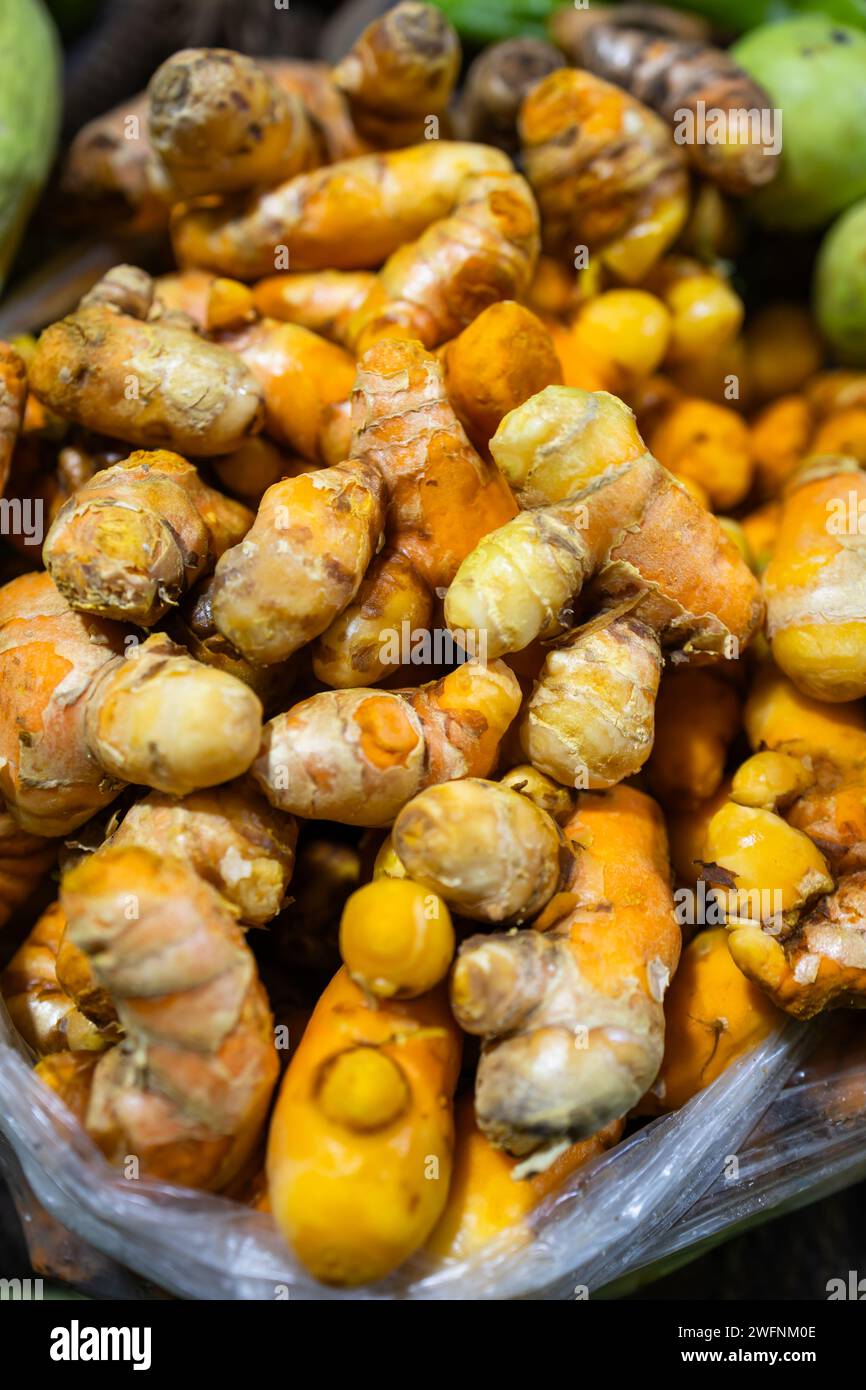 raw turmeric vegetables at vegetable store for sale at evening Stock ...