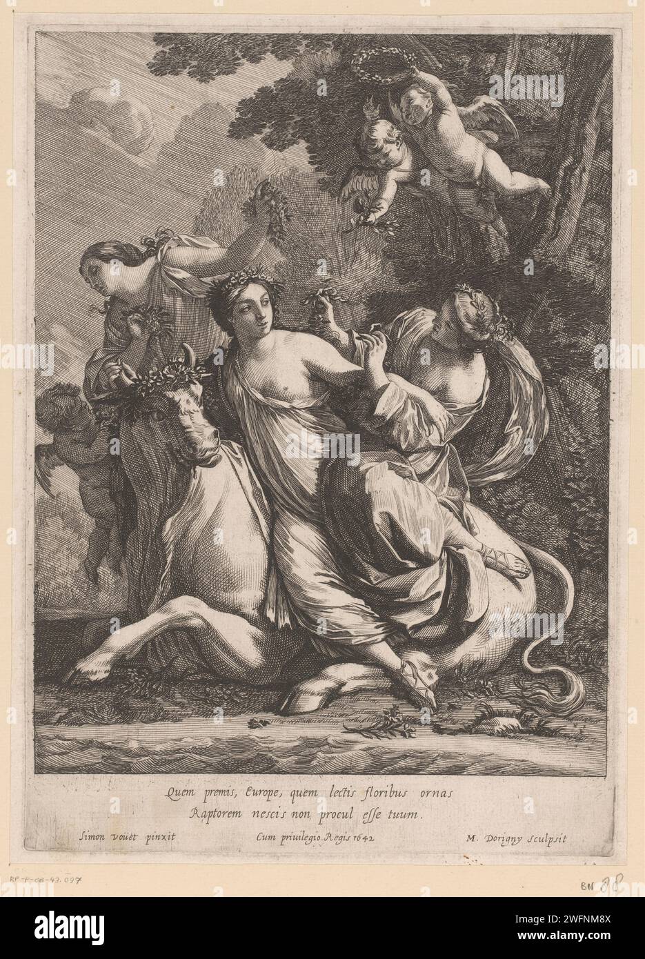 Abduction of Europe, Michel Dorigny, After Simon Vouet, 1642 print France paper engraving ...