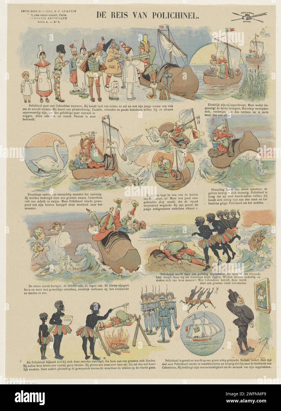 The journey of Polichinel, 1887 print Leaf with 4 rows with ...
