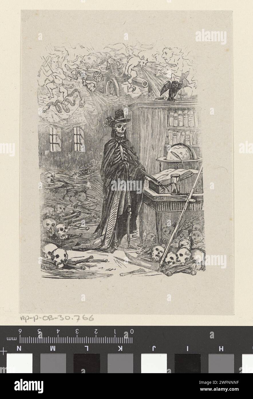 Death with a cape, a scythe and an hourglass in the midst of human ...