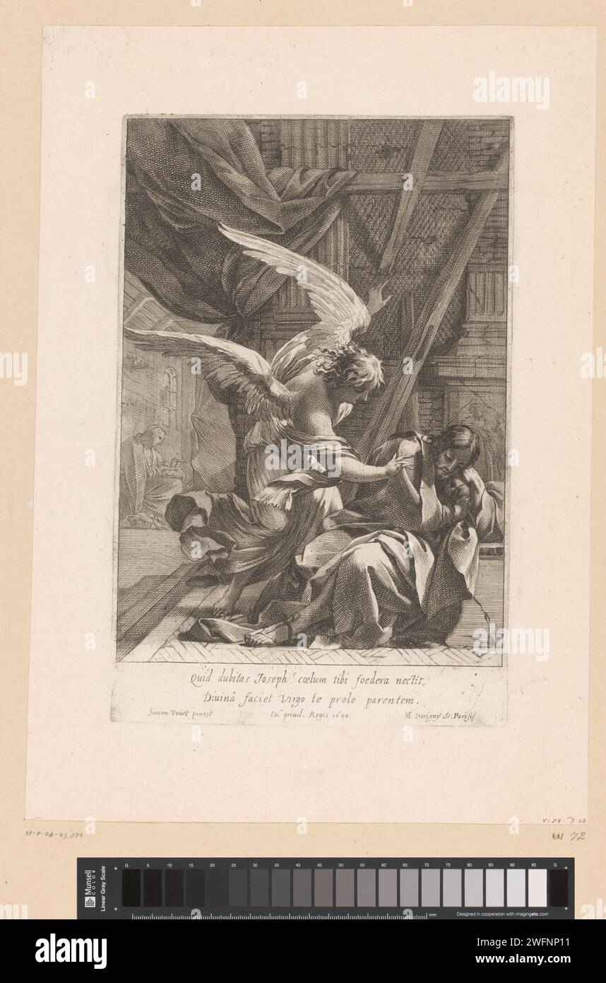 Joseph's first dream, Michel Dorigny, after Simon Vouet, 1640 print Paris paper engraving ...