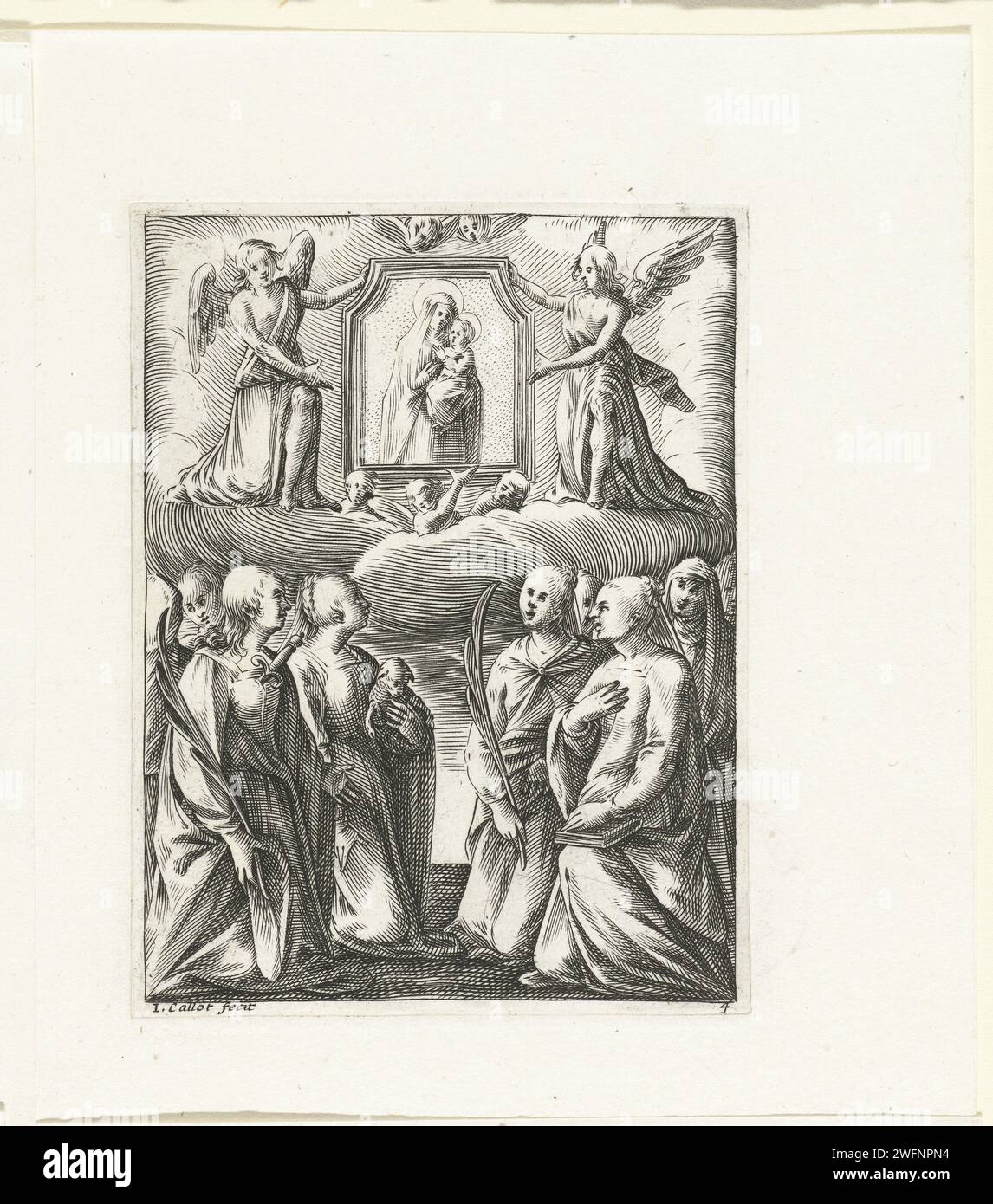 Worship of an image of Mary by female saints, Jacques Callot, 1608 - 1611 print Several female ...