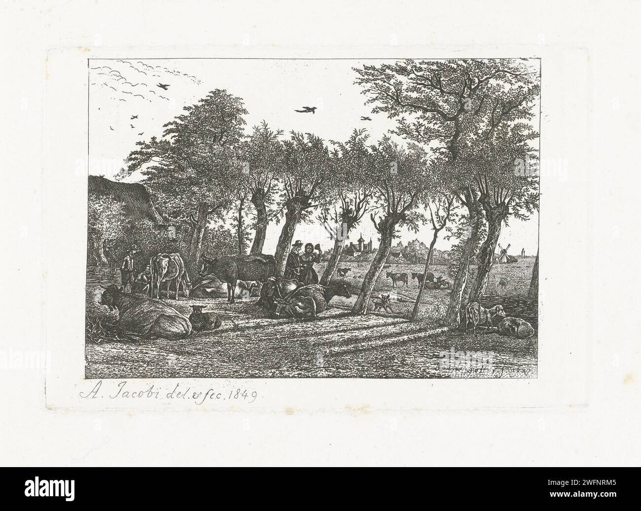 Pasture with cows and sheep, Abraham Jacobi, 1849 print Weiland with ...