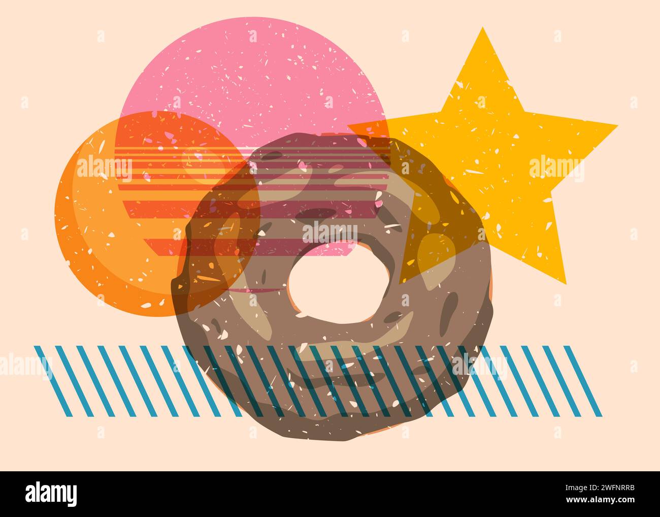 Risograph Doughnut with geometric shapes. Objects in trendy riso graph ...