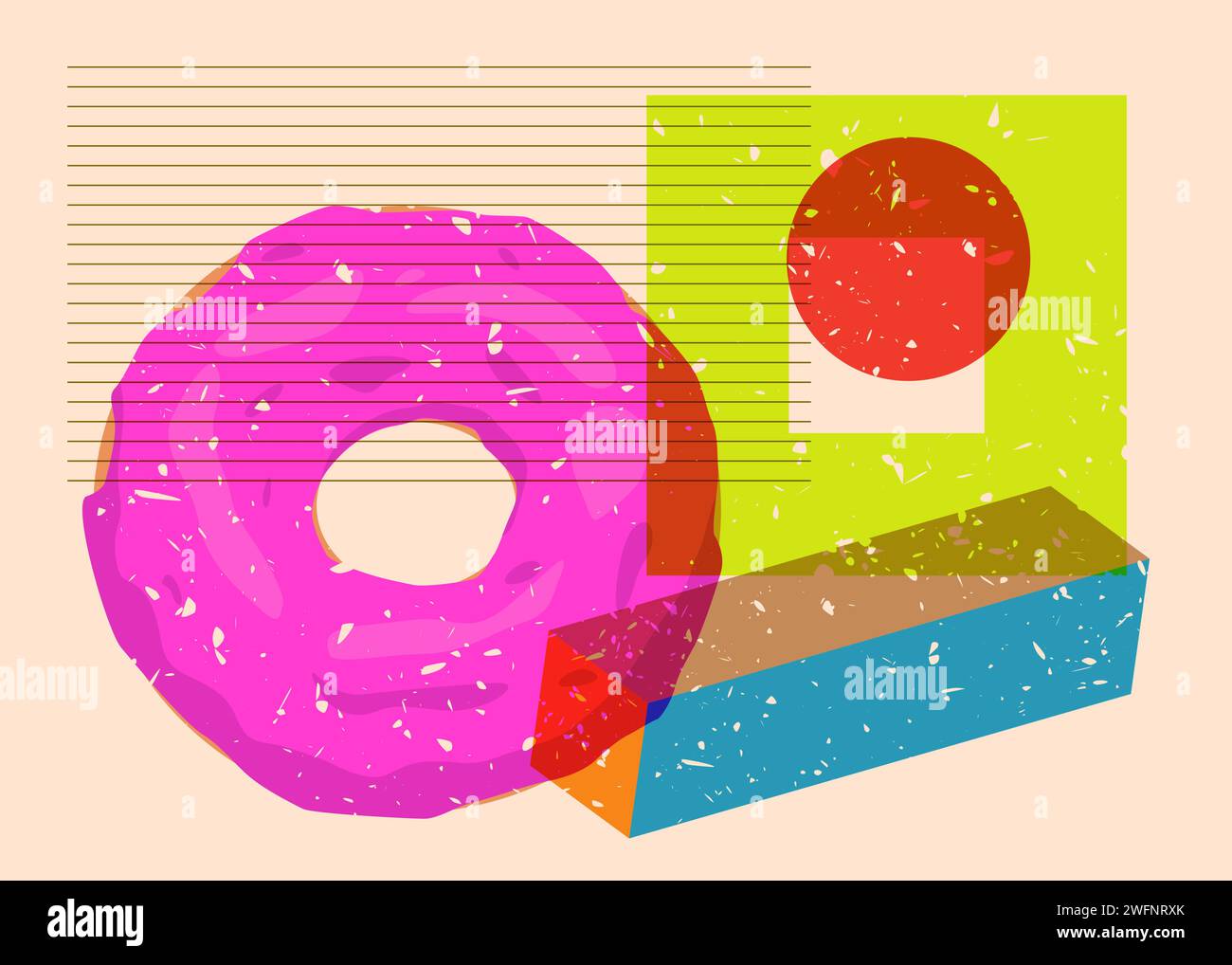 Risograph Doughnut with geometric shapes. Objects in trendy riso graph print texture style ...