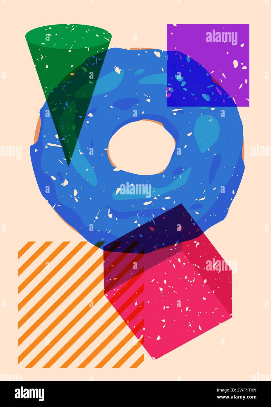 Risograph Doughnut with geometric shapes. Objects in trendy riso graph ...