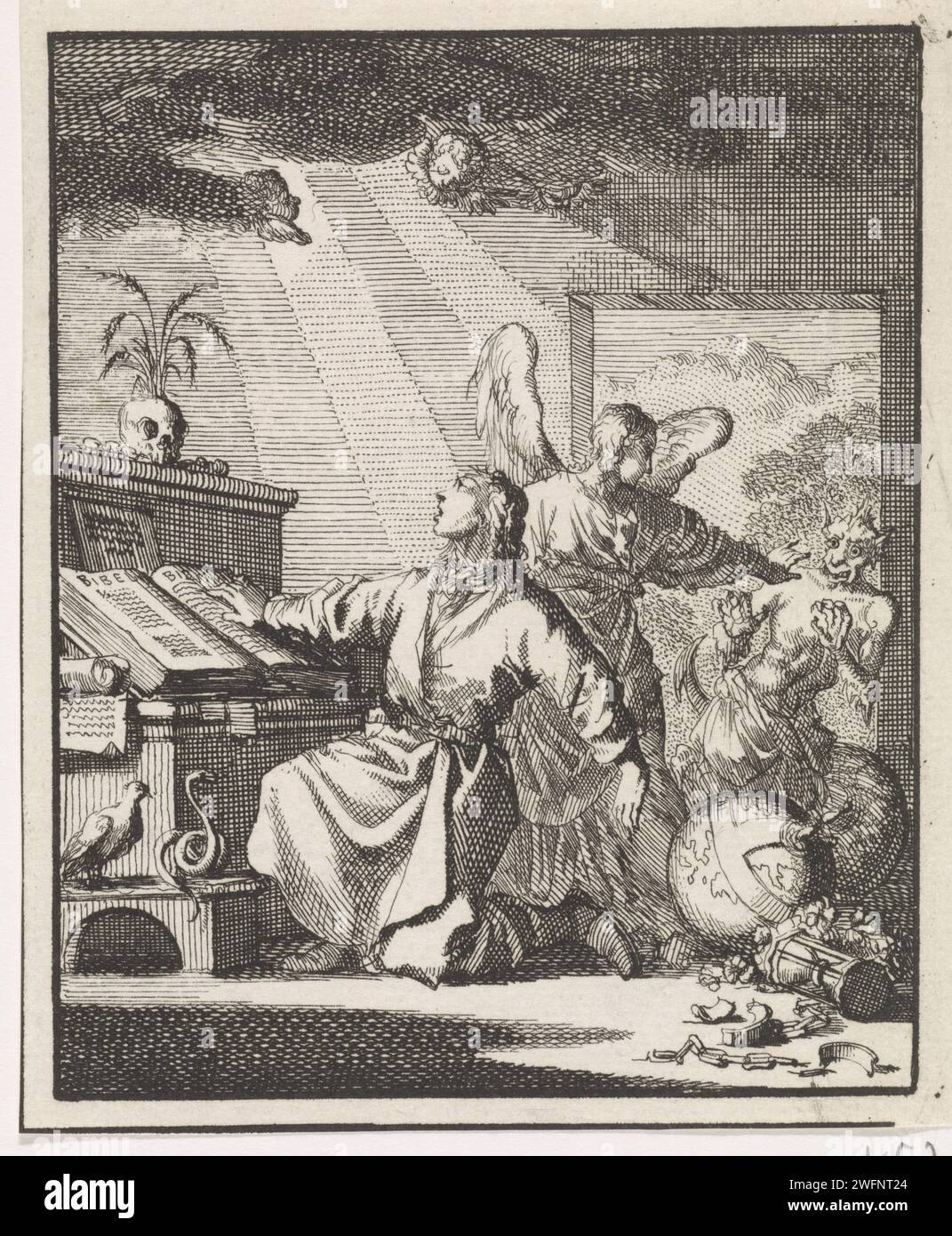 Man kneels for a Bible while an angel drives away the devil, Jan Luyken ...