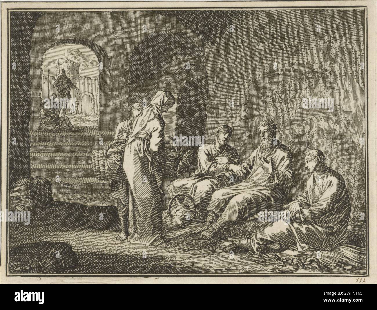 Visit prisoners, Jan Luyken, 1712 print Amsterdam paper etching visiting or liberating the ...