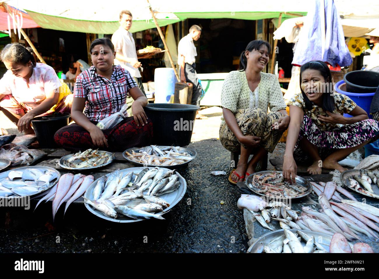 Fish vendors at the colorful market in Sittwe, Rakhine State, Myanmar ...