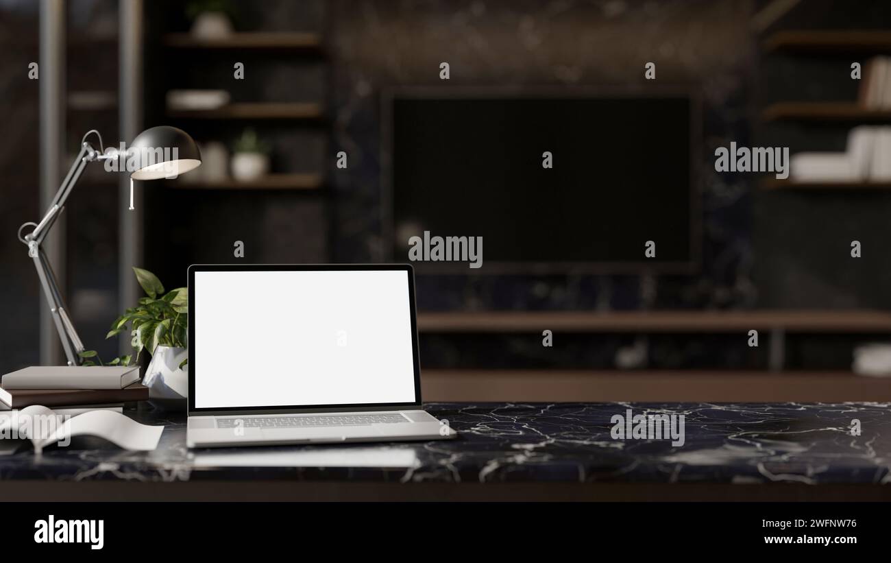 A modern home office features a white-screen laptop computer mockup, a ...
