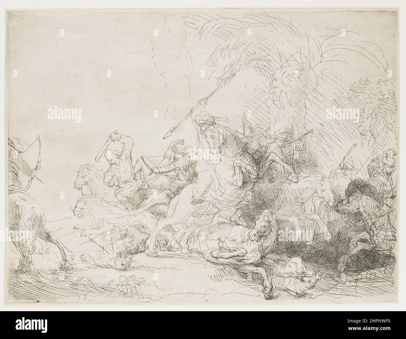 The Large Lion Hunt, Rembrandt van Rijn, 1641 print paper etching ...