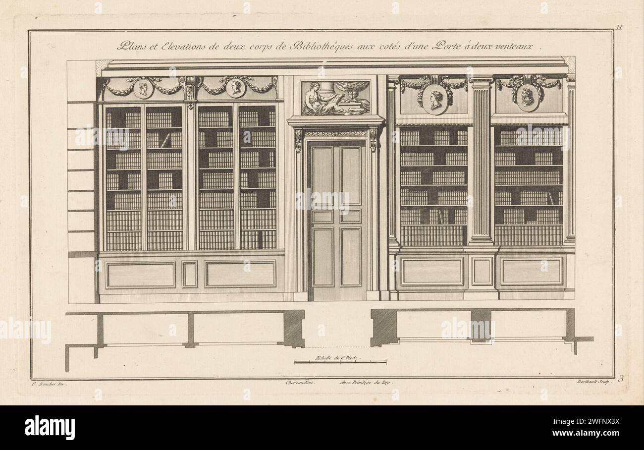 Door and two bookcases, 1752 - 1794 print Design and map of two ...