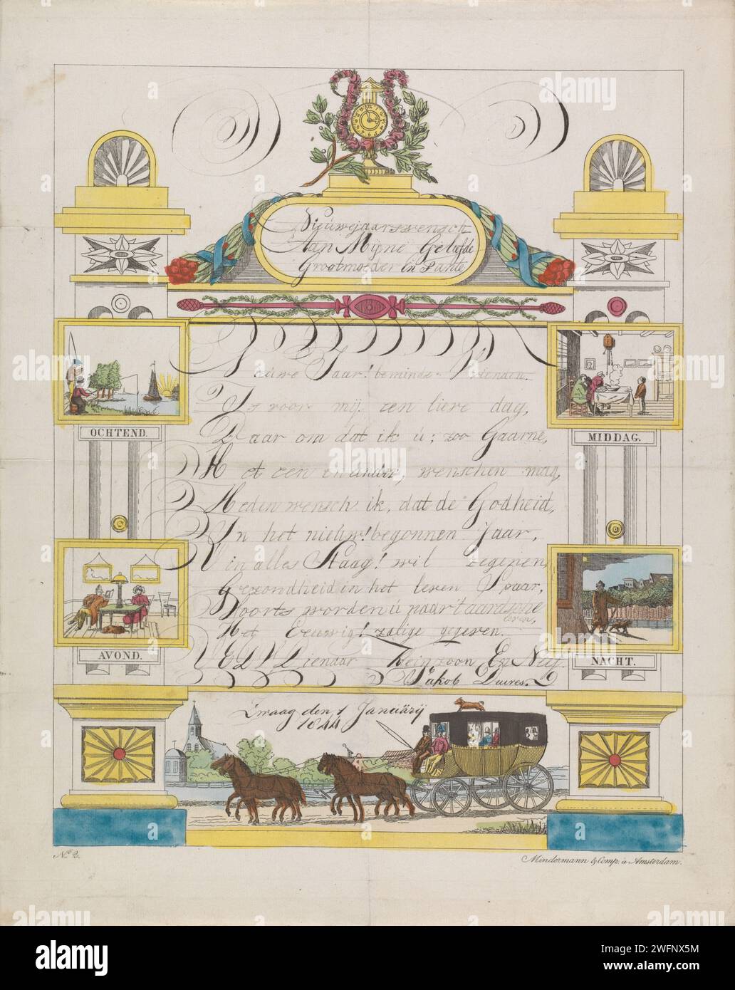 Wish letter with the four times of the day and a post coach, 1844 print ...