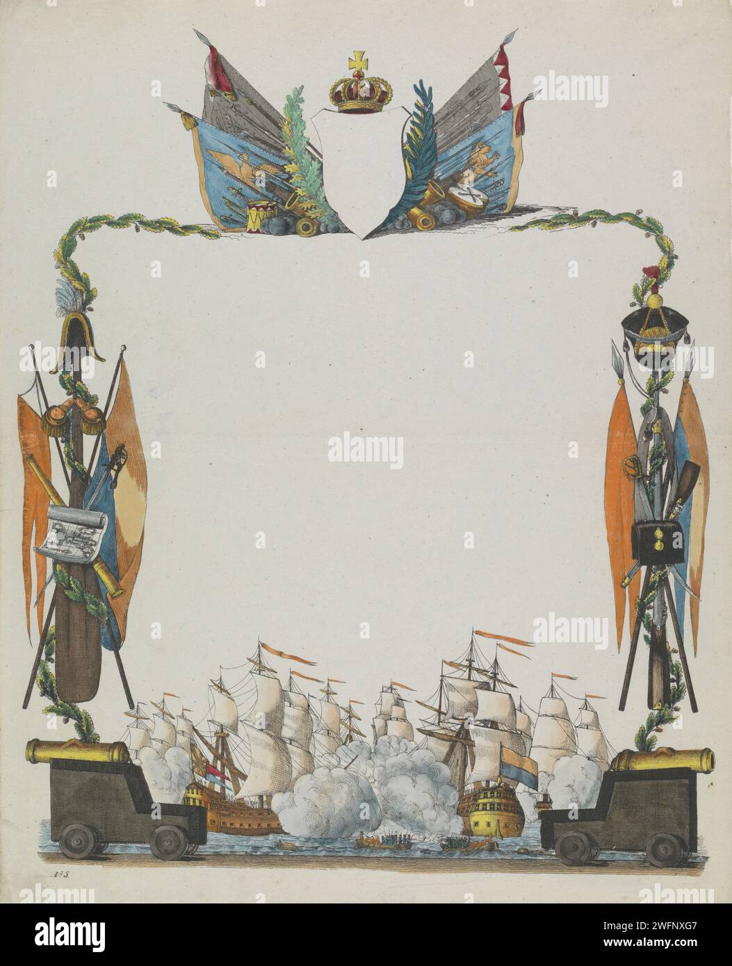 Wish letter with a sea battle, guns and flags, c. 1780 - c. 1899 print ...