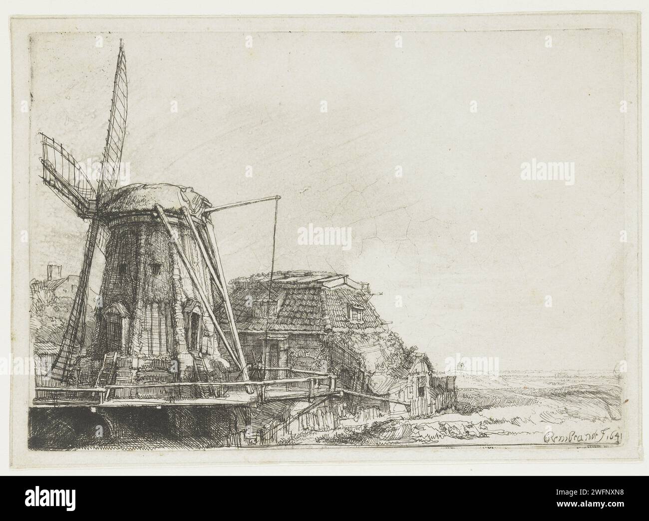 The Windmill, Rembrandt van Rijn, 1641 print paper etching Stock Photo ...