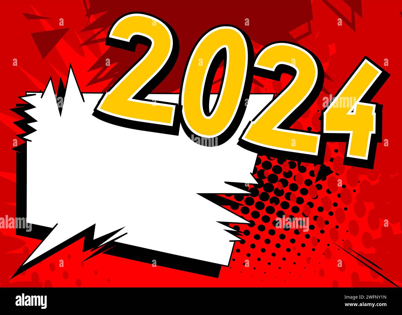 Cartoon 2024 with blank speech bubble sign, comic book New Year ...