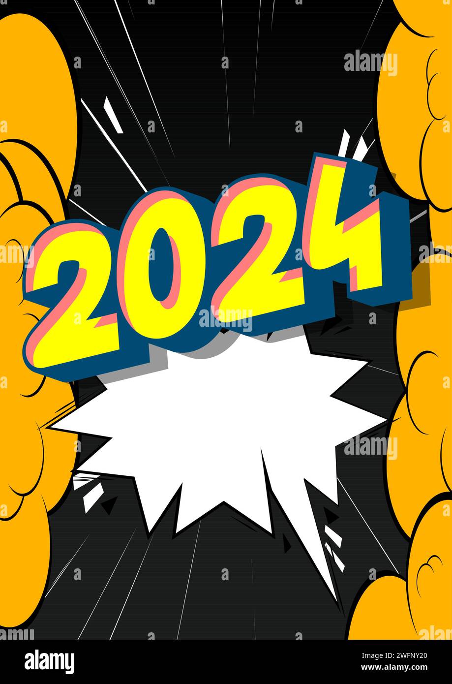 Cartoon 2024 with blank speech bubble sign, comic book New Year ...