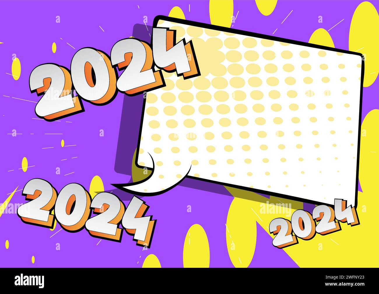 Cartoon 2024 with blank speech bubble sign, comic book New Year ...