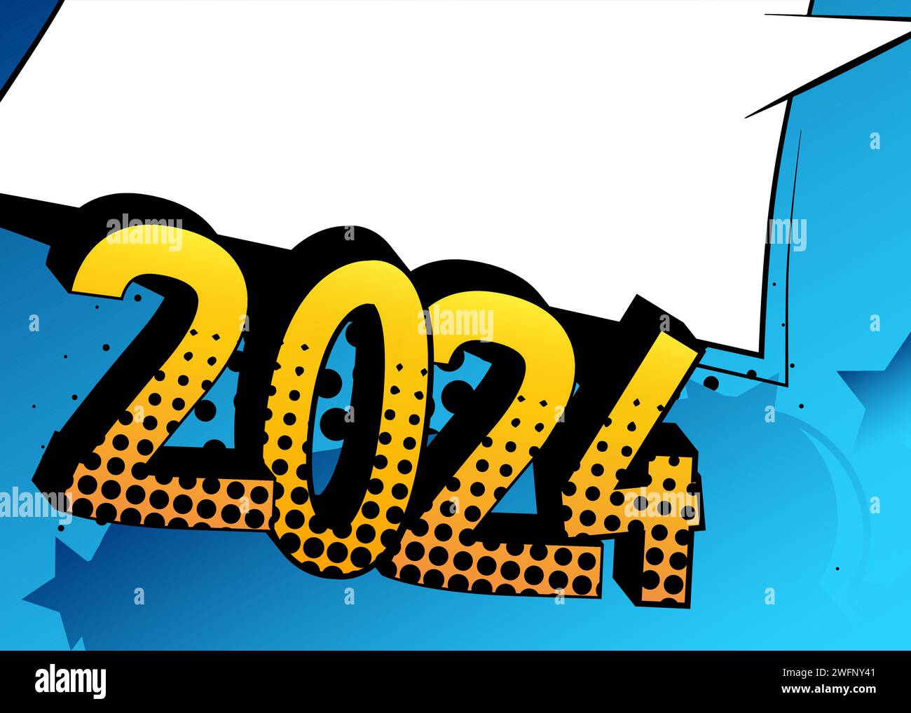 Cartoon 2024 with blank speech bubble sign, comic book New Year ...