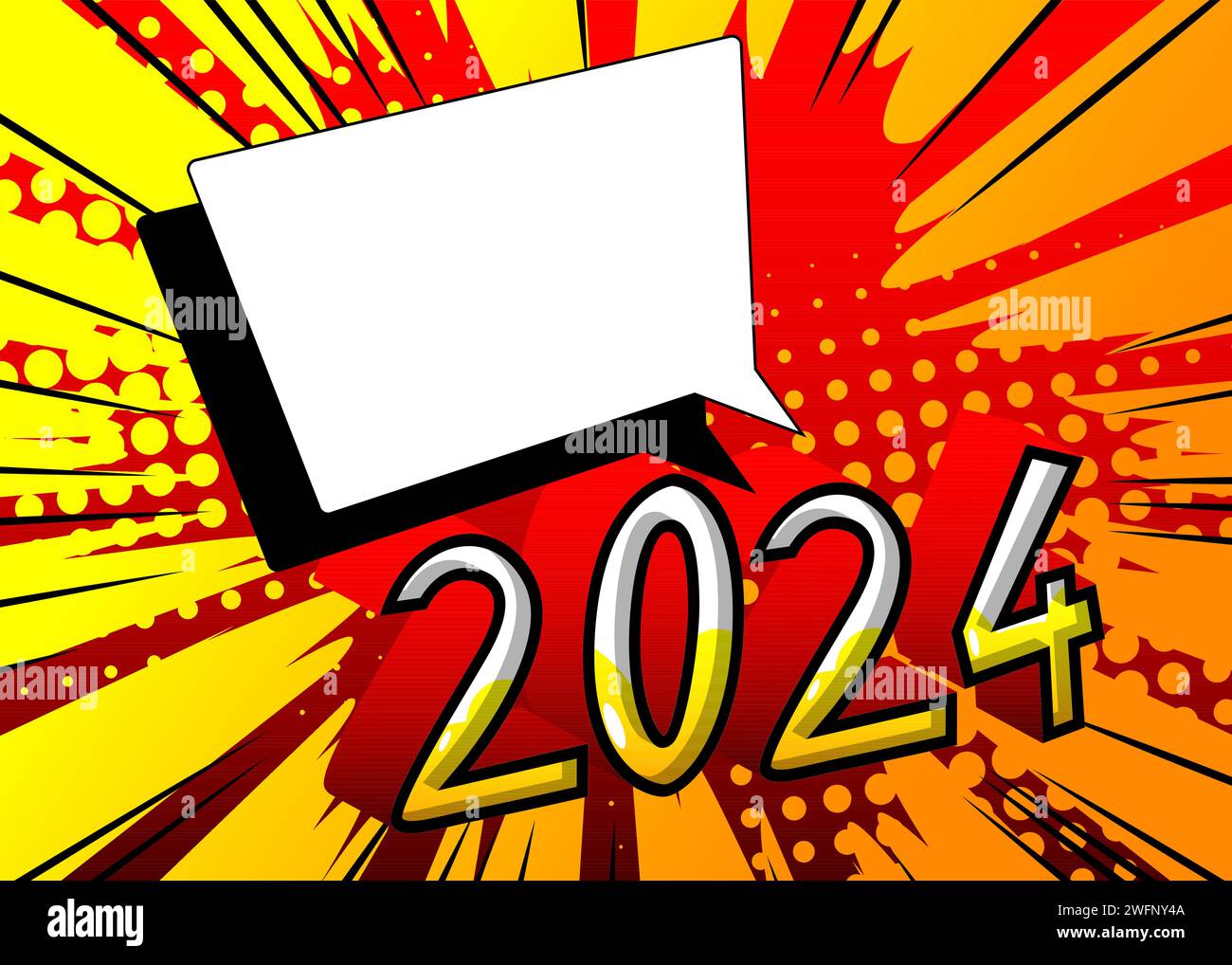 Cartoon 2024 with blank speech bubble sign, comic book New Year ...