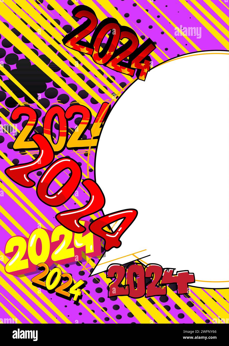 Cartoon 2024 with blank speech bubble sign, comic book New Year ...