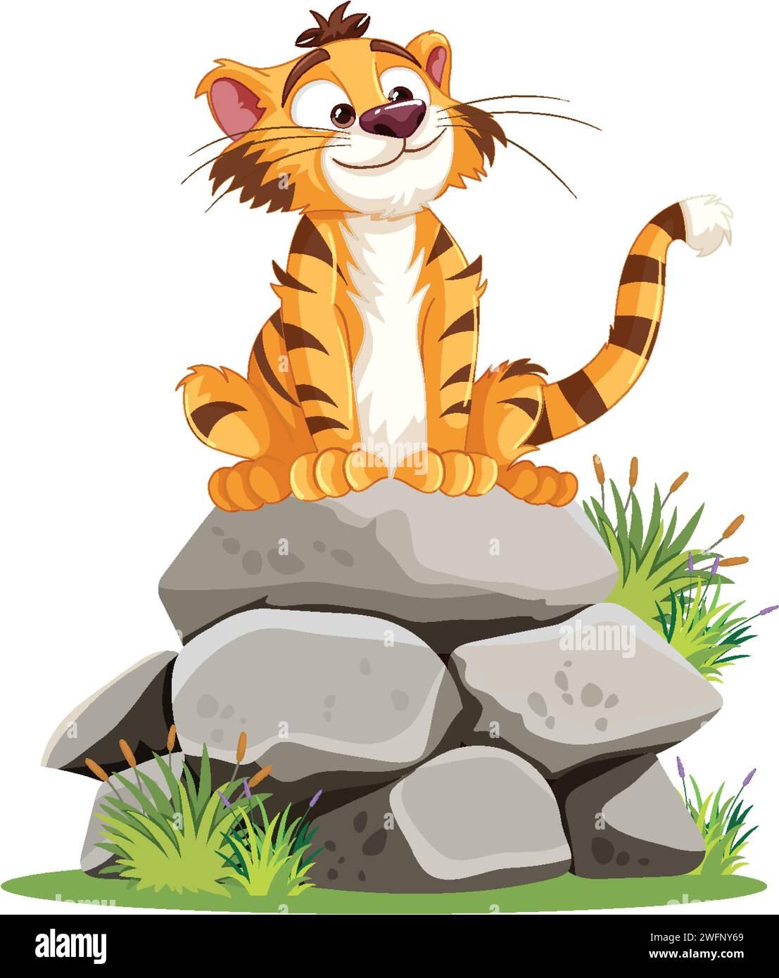 A happy tiger cub sitting atop a pile of rocks Stock Vector Image & Art ...