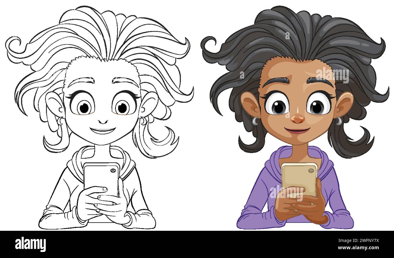 Illustration of a girl using a smartphone, colored and sketched Stock ...