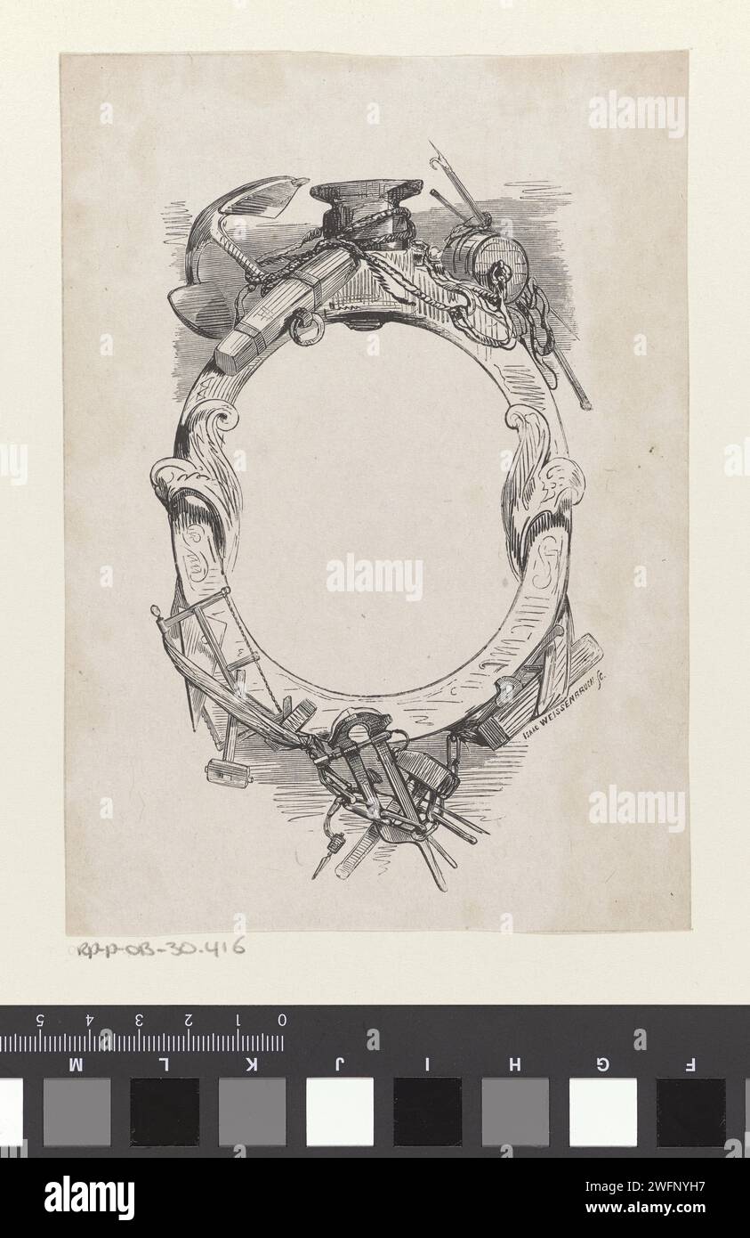 Oval frame with objects from shipbuilding, Isaac Weissenbruch, 1836 ...