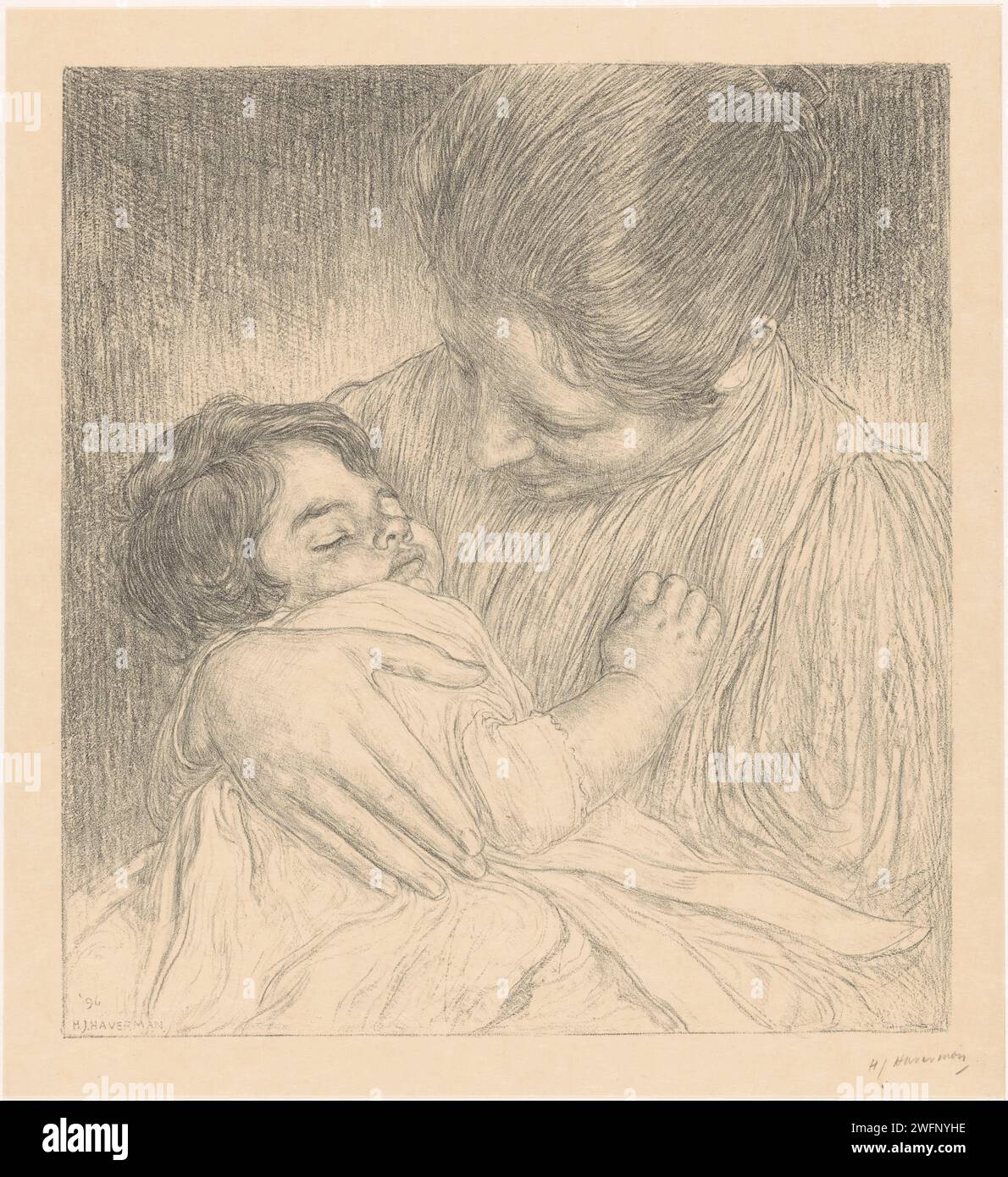 Evening, Hendrik Johannes Haverman, 1896 print A woman with a sleeping ...