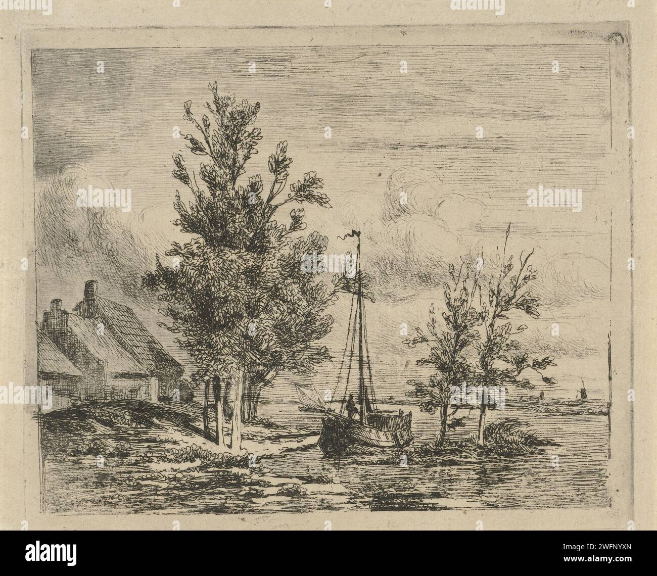 River landscape with sailing ship and farm, Lambertus Hardenberg (1822 ...