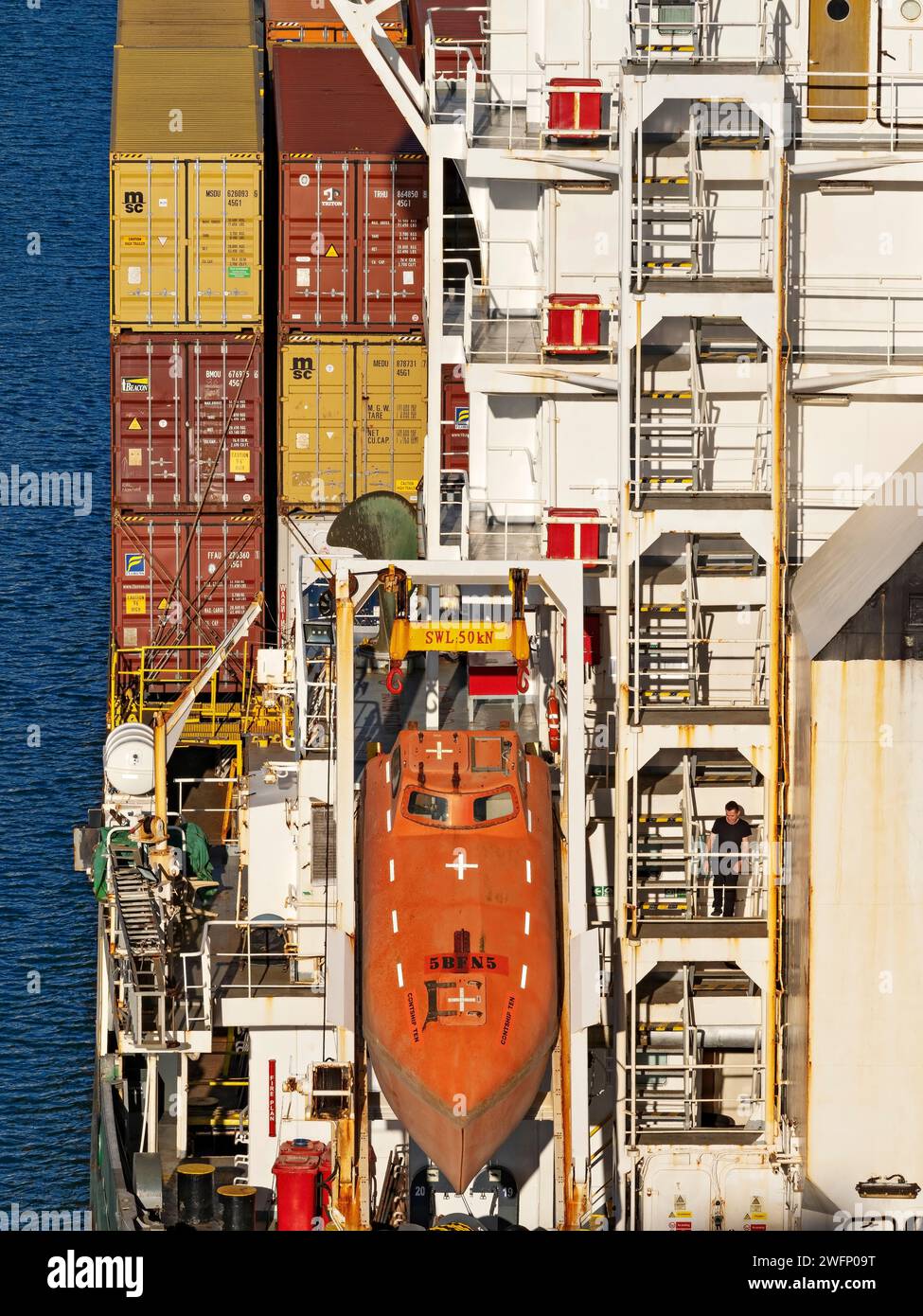 Shipping Industry / Free fall lifeboat stowed on container ship's stern ...