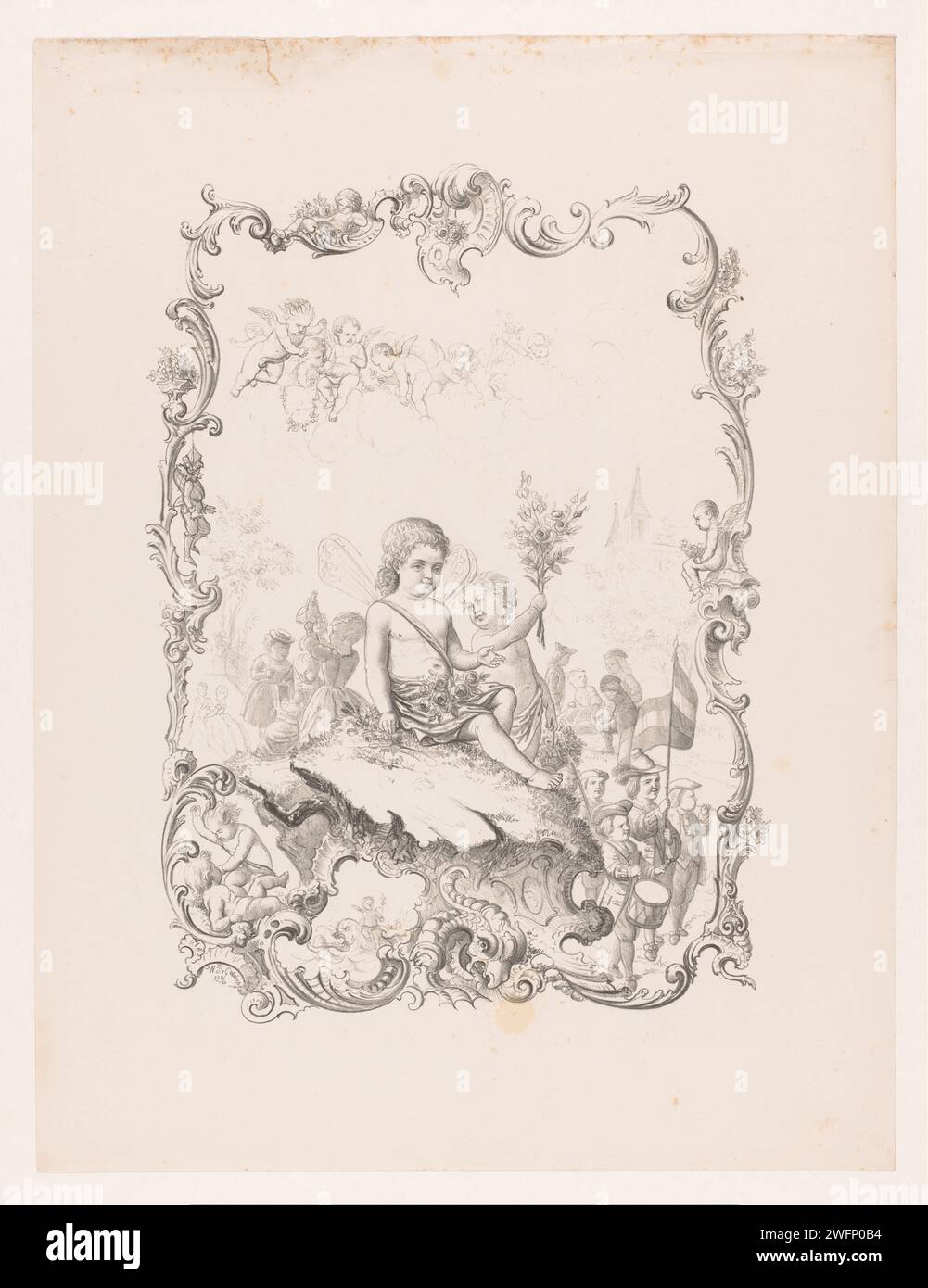 Children and Putti, Wilhelmus Petrus van Geldorp, 1870 print On a hill ...