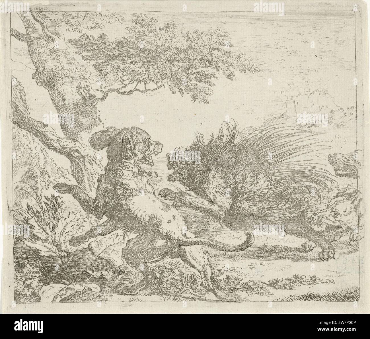Sticker pig attacked by dogs, Abraham Daniëlsz. Hondius, 1672 print A ...