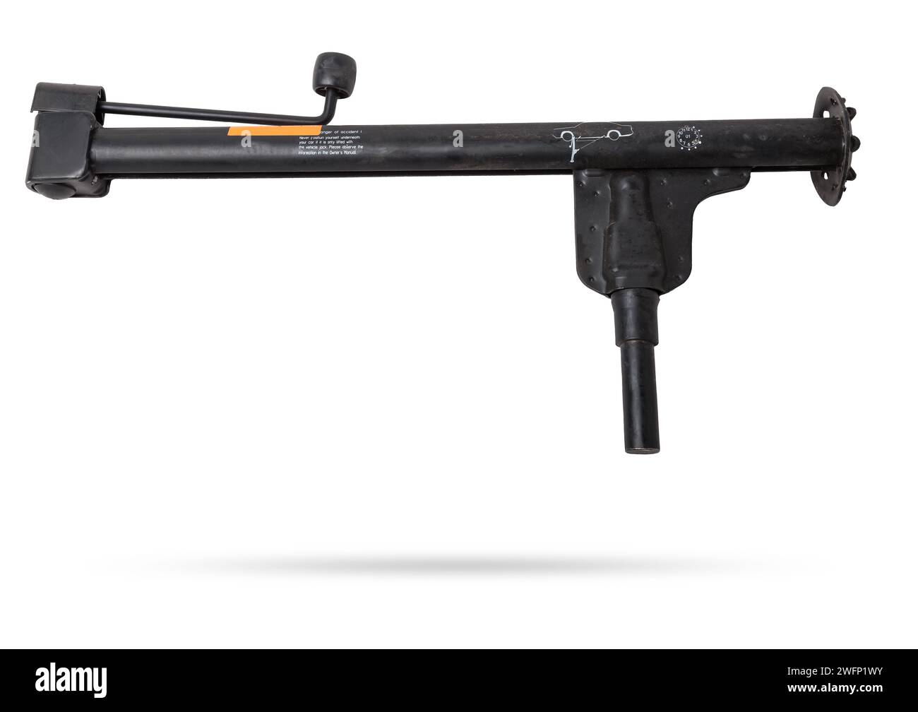 Black metal jack for replacing a car wheel on a white isolated ...