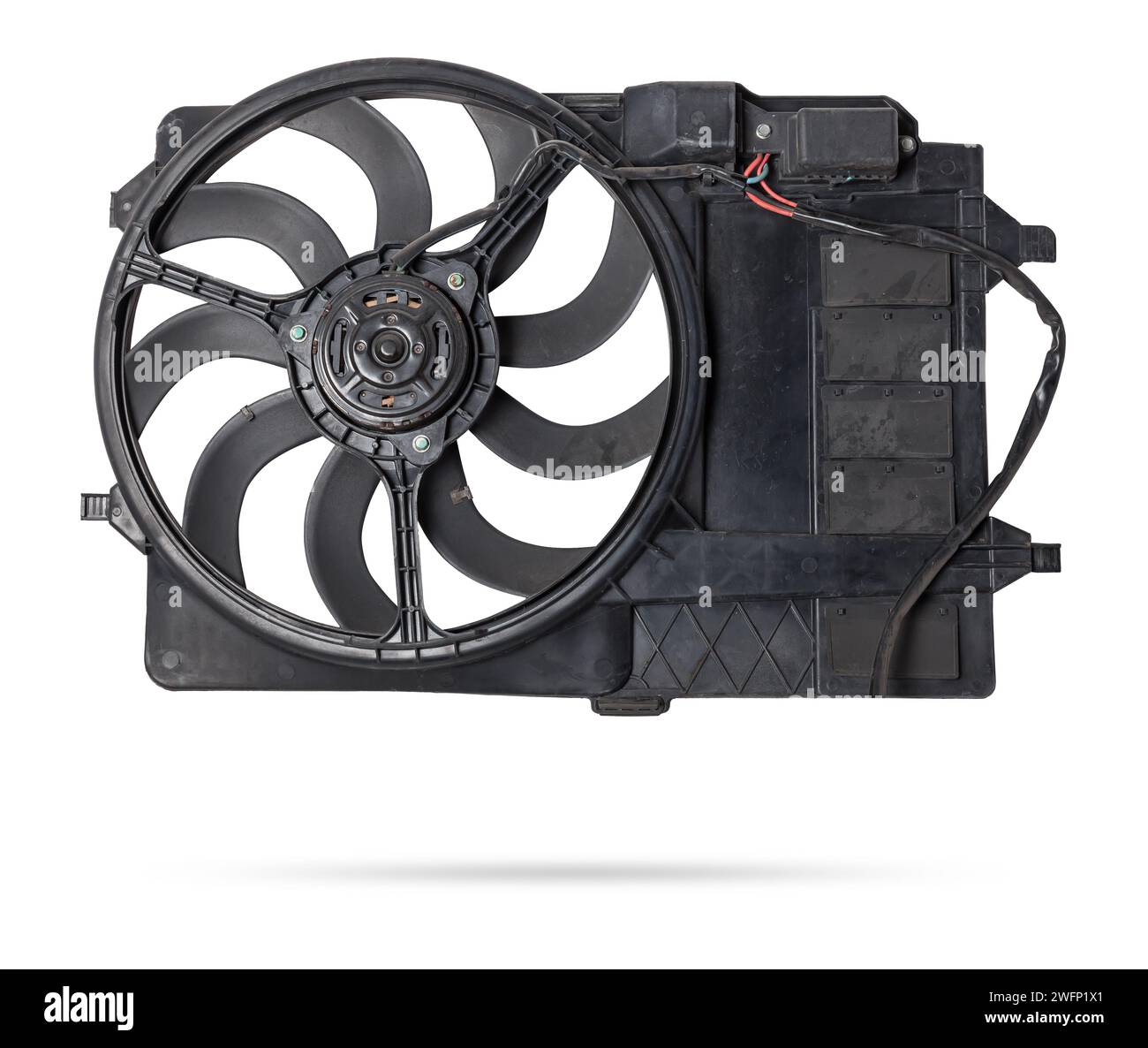 Car cooling fan with plastic blades radiator fan on white background ...