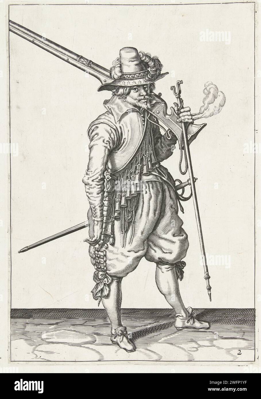 Soldier who wears his musket on his left shoulder and holds his furks ...