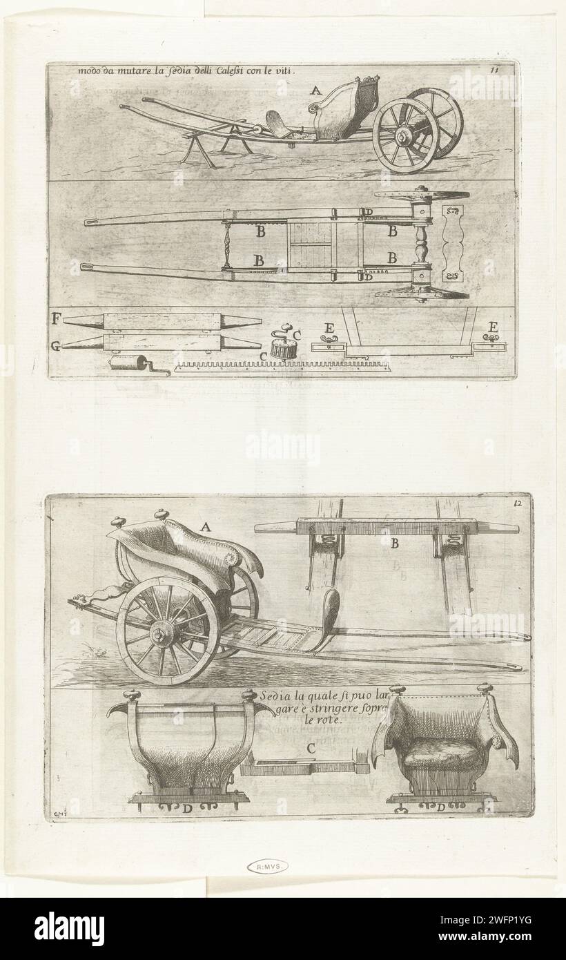 Two images with the construction of the parts of a carriage with seat ...