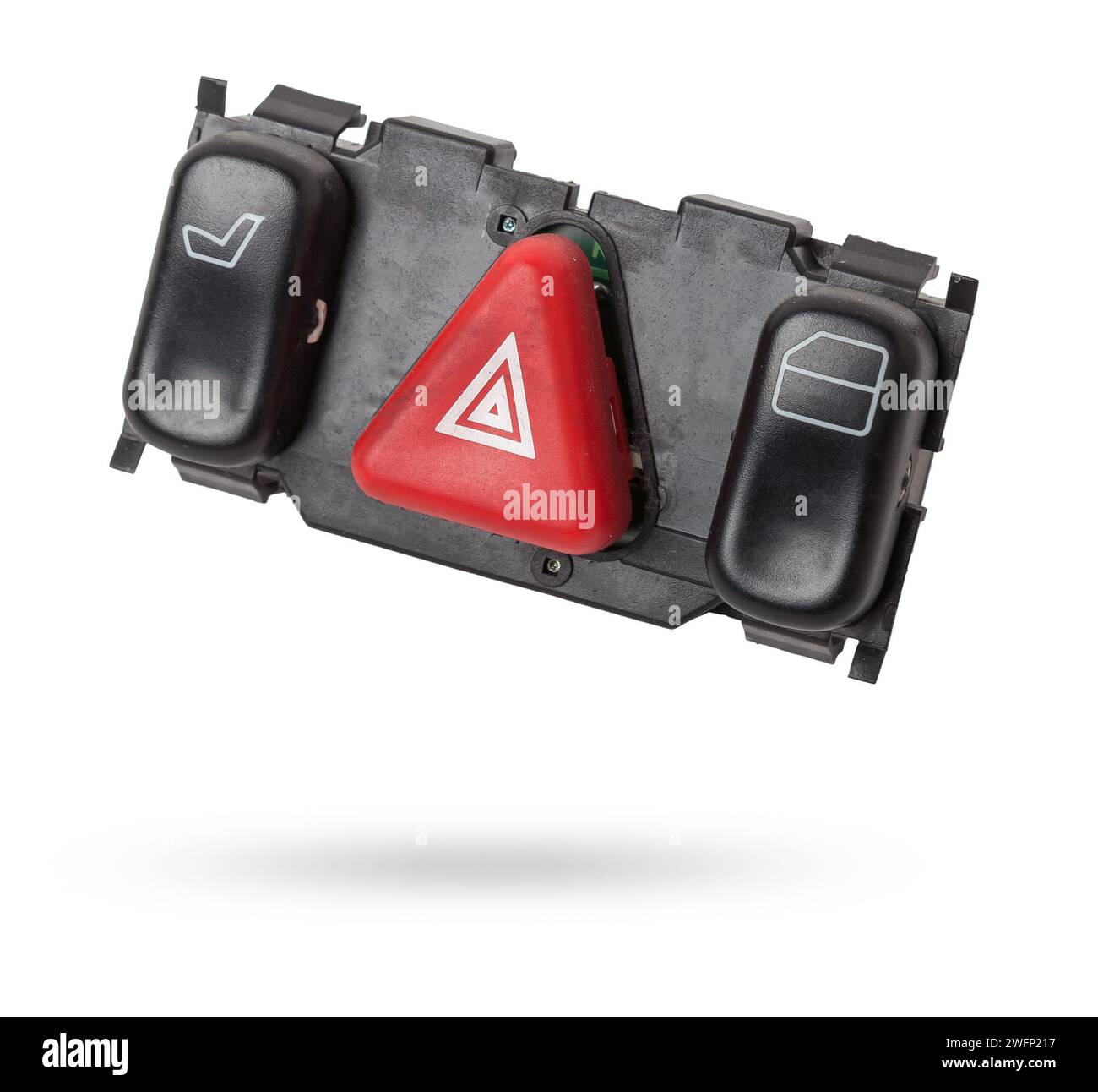Black plastic block of car control panel with red emergency stop button ...