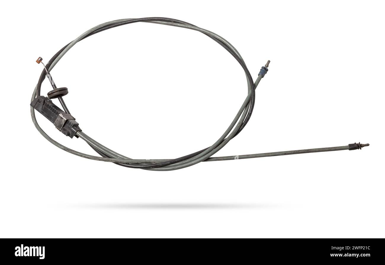 Metal cable for hood opening isolated on white background. Auto service ...