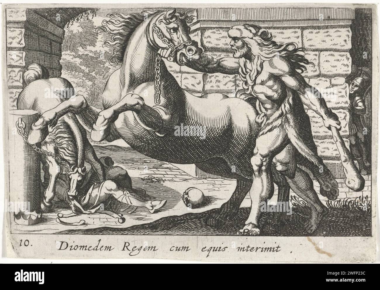 Hercules tongs the horses of Diomedes, Simon Frisius, after Antonio Tempesta, 1610 - 1664 print ...